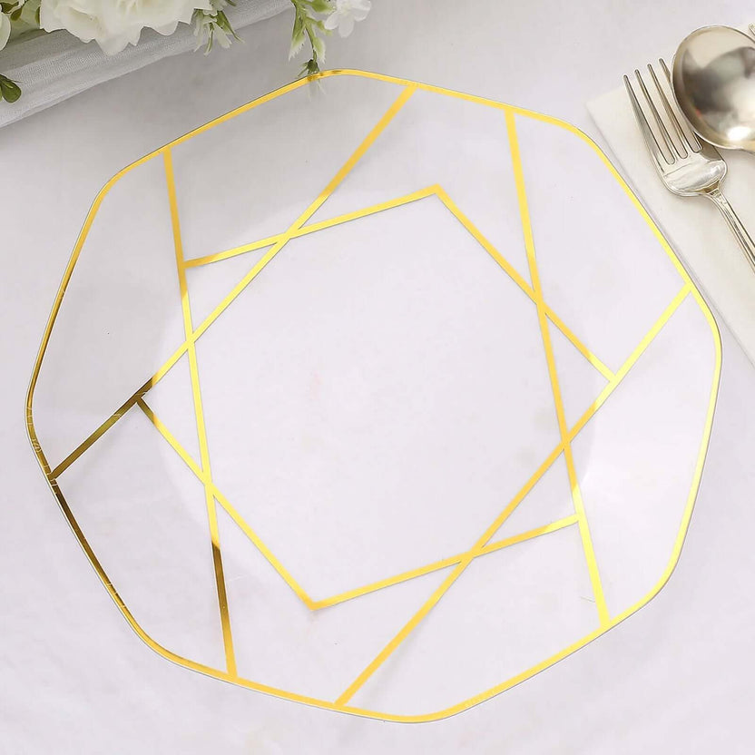Plastic Octagon Dinner Plates 10" Clear/Gold | eFavormart