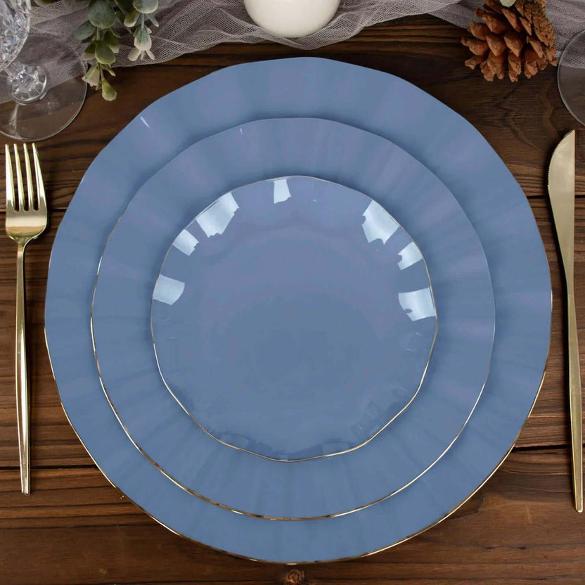 Plastic Round Ruffled Dessert Plates 6" Ocean Blue/Gold | eFavormart