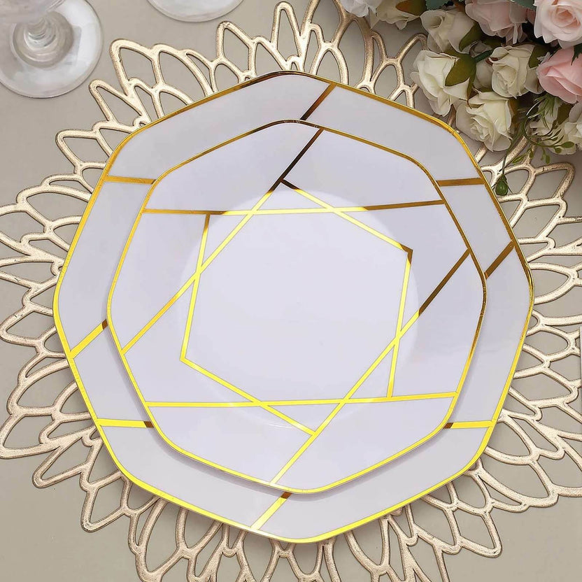 Plastic Octagon Dinner Plates 8" White/Gold | eFavormart