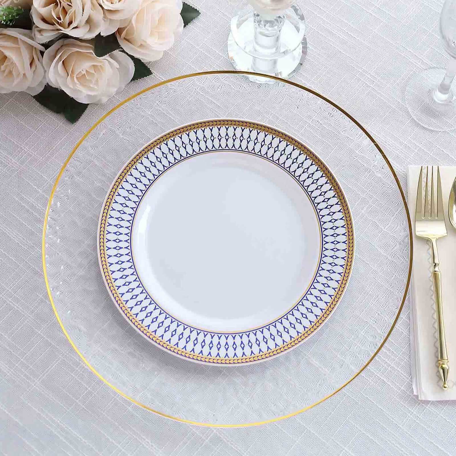 Plastic Chord Rim Dinner Plates 9" White/Gold/Navy Blue | eFavormart