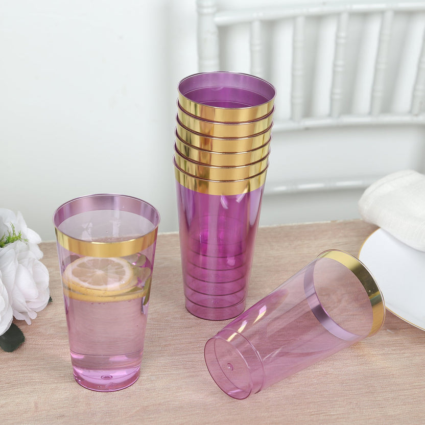 Plastic Party Cups 17oz Transparent Purple with Gold Rim | eFavormart