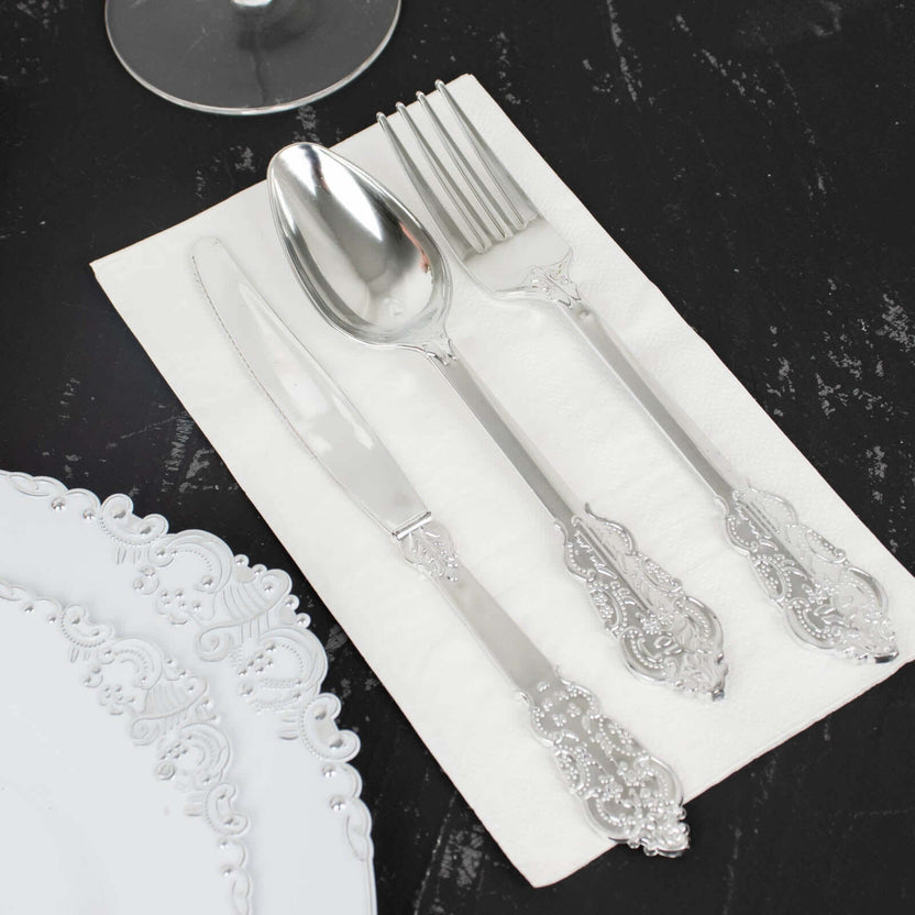 24pc Baroque Silverware Set Heavy Duty Silver | eFavormart