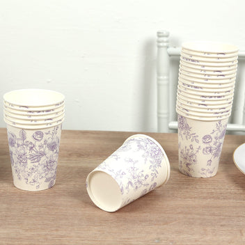French Toile Paper Cups 9oz White/Lavender | eFavormart