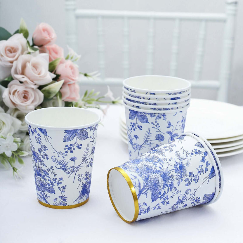 French Toile Paper Cups 9oz White/Light Blue | eFavormart