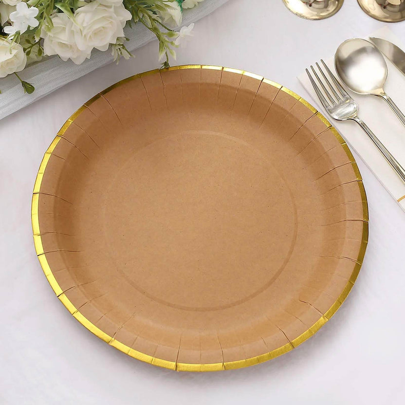 Kraft Paper Dinner Plates 10" Natural Brown Gold Rim | eFavormart