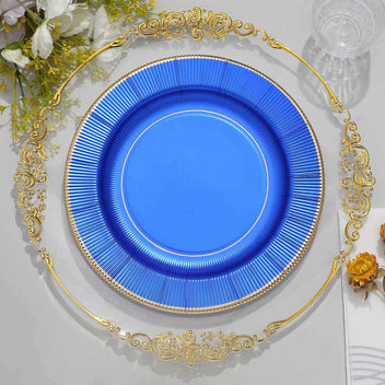 25pk 10" Paper Round Plates Gold Rim Royal Blue | eFavormart