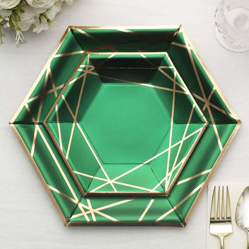 25pk 7" Hexagon Plates Paper Gold Rim Emerald | eFavormart