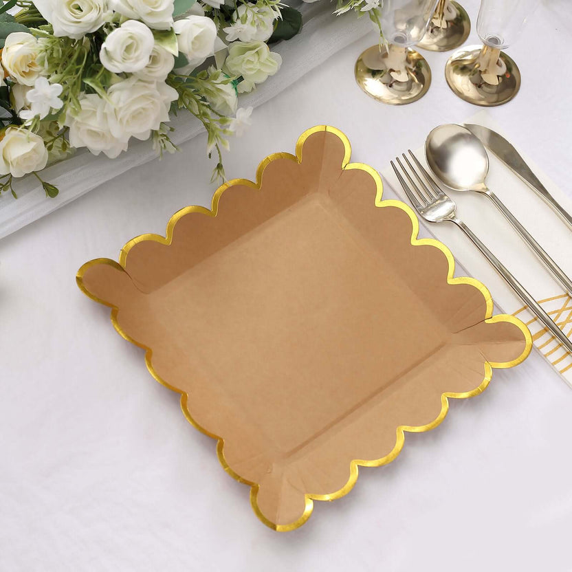 Paper Square Dinner Plates 9" Natural Brown Gold Rim | eFavormart