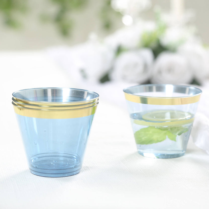 Plastic Party Cups 9oz Dusty Blue Crystal with Gold Rim | eFavormart