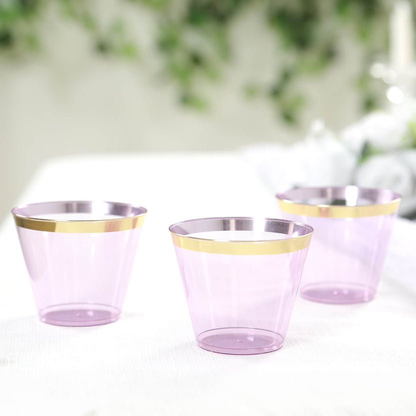 Plastic Party Cups 9oz Purple with Gold Rim | eFavormart