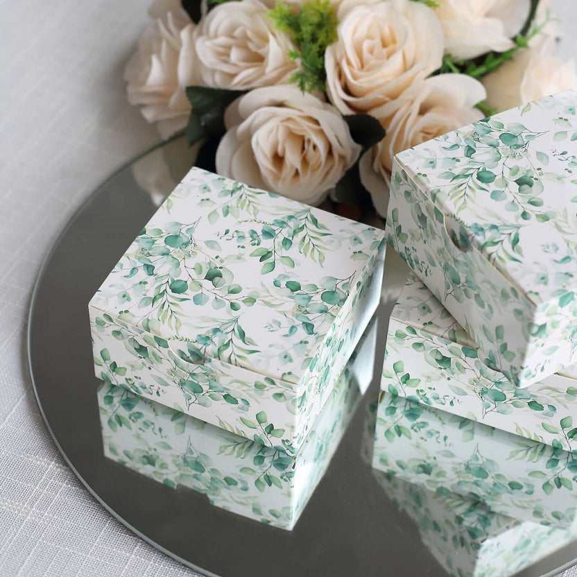 25-Pack White Green Eucalyptus Gift Boxes 4"x4"x2" | eFavormart