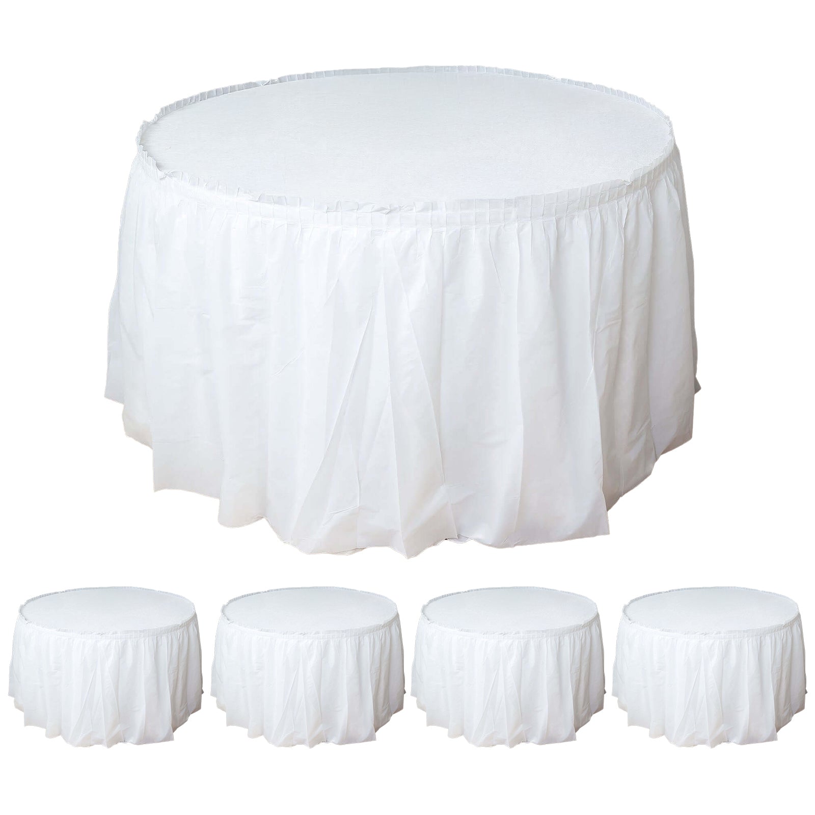 5 Pack Plastic Ruffled Table Skirts 14ft White | eFavormart