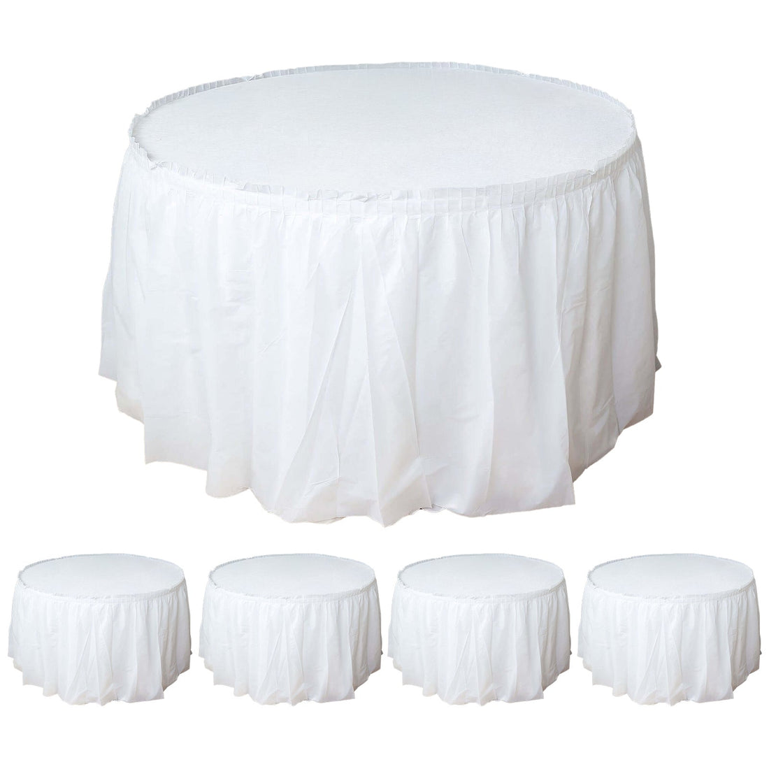 5 Pack Plastic Ruffled Table Skirts 14ft White | eFavormart
