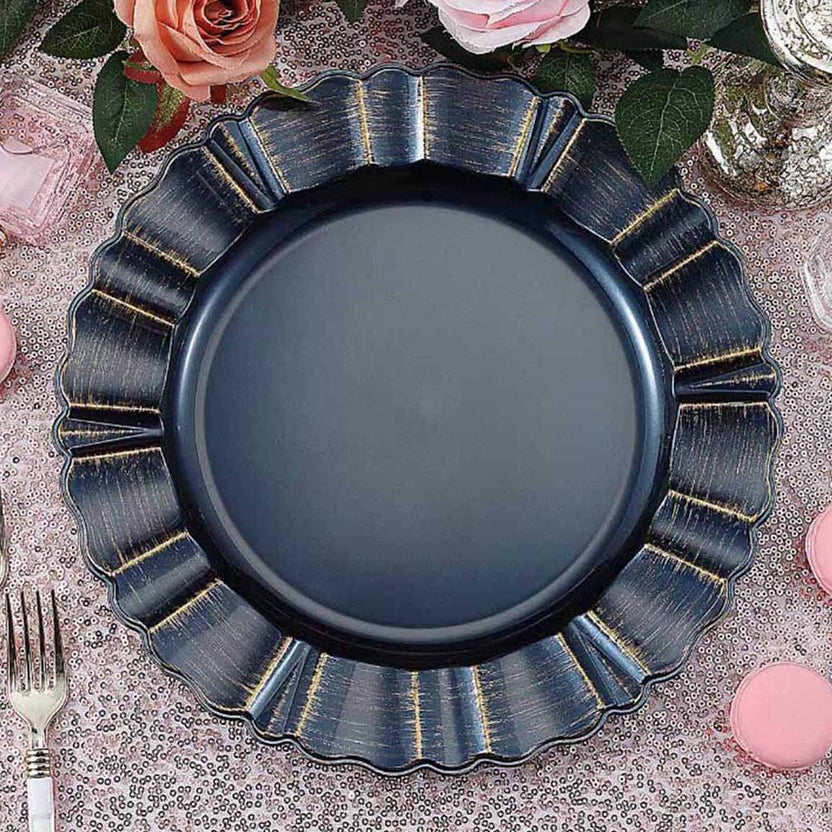 Acrylic Charger Plates 13" Navy Blue Gold Scalloped Rim | eFavormart