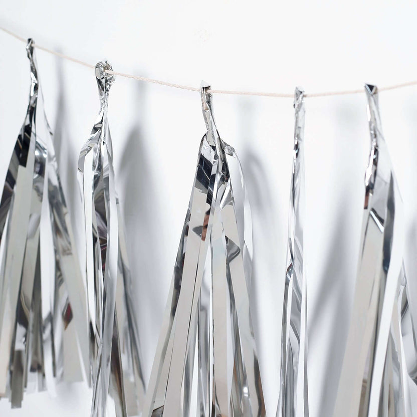 7.5ft Metallic Silver Foil Tassels Garland | eFavormart