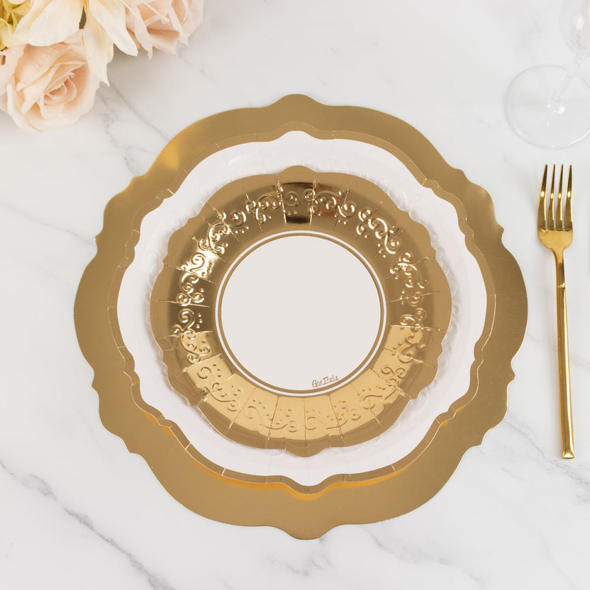 Paper Charger Plates Gold Embossed Scalloped Rim | eFavormart