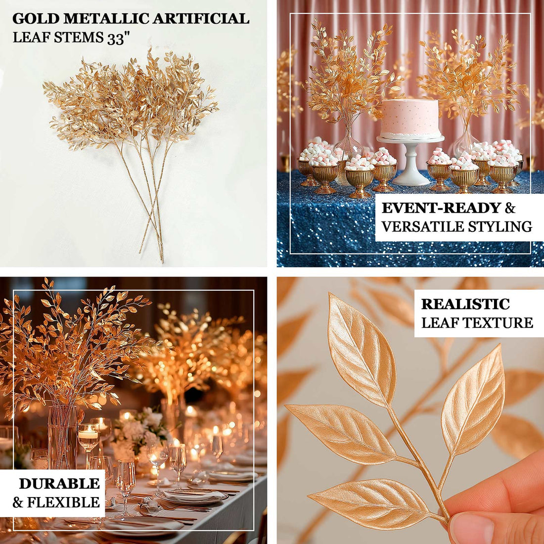 4 Pack Gold Metallic Leaf Stems Italian Ruscus | eFavormart