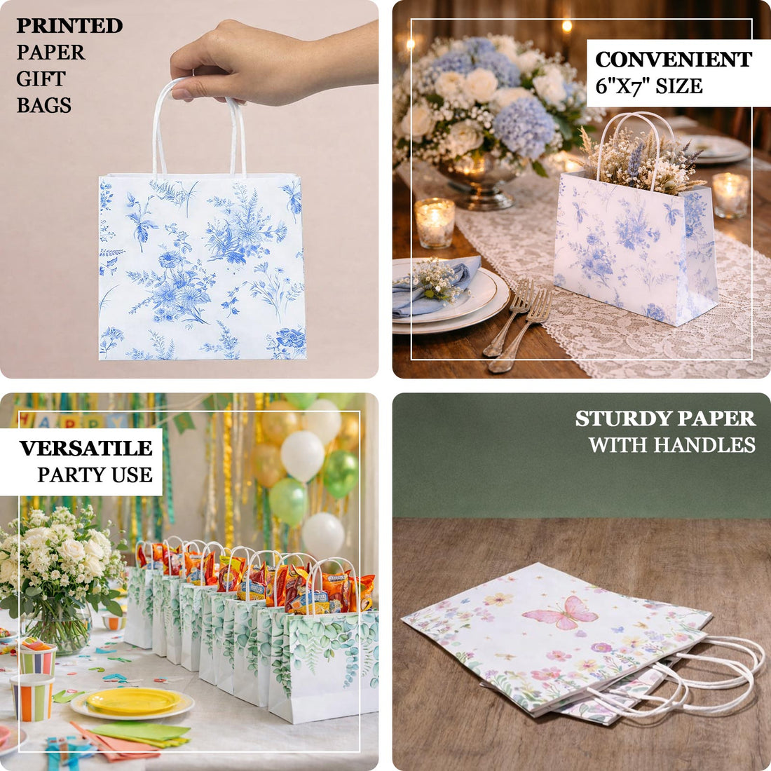 White Blue French Toile Paper Gift Bags | eFavormart