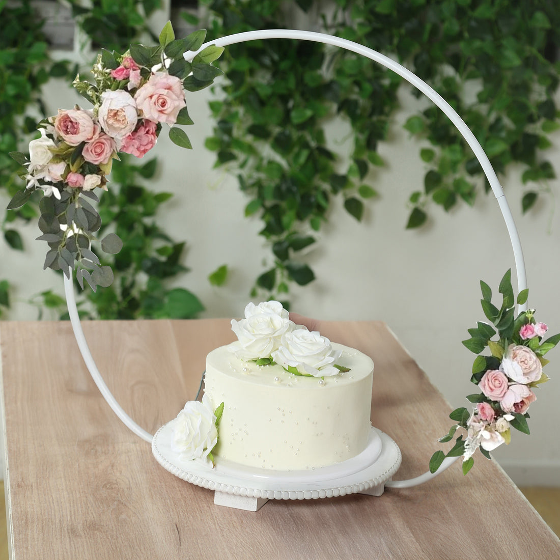 Metal Floral Hoop Cake Stand Whitewash Wood 22" | eFavormart