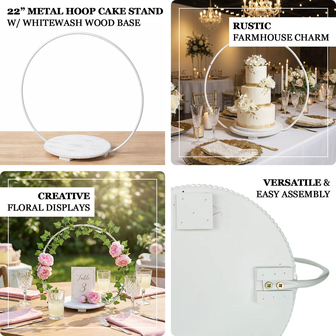 Metal Floral Hoop Cake Stand Whitewash Wood 22" | eFavormart
