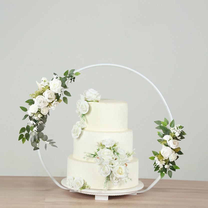 Metal Floral Hoop Cake Stand Whitewash Wood 22" | eFavormart