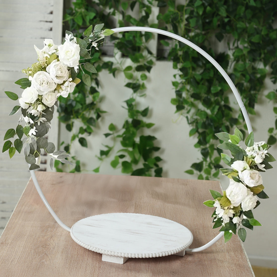 Metal Floral Hoop Cake Stand Whitewash Wood 22" | eFavormart