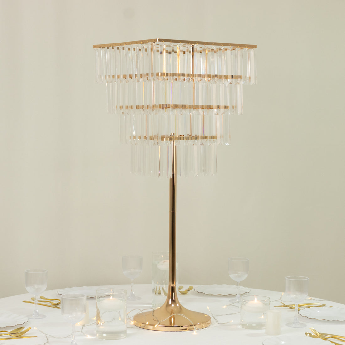 Crystal 4-Tier Chandelier 38" Gold Square | eFavormart