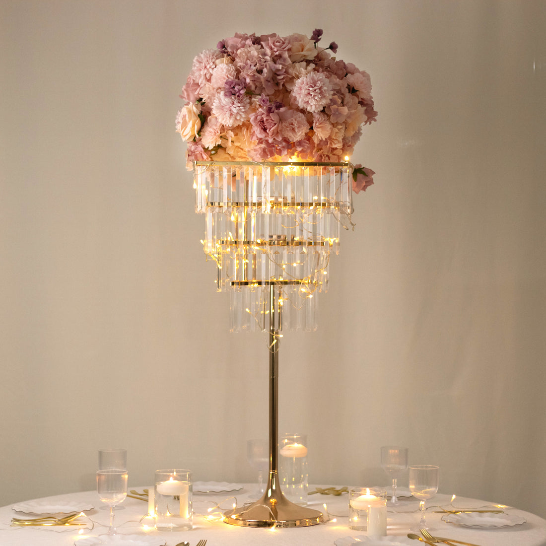 Crystal 4-Tier Chandelier 38" Gold Square | eFavormart