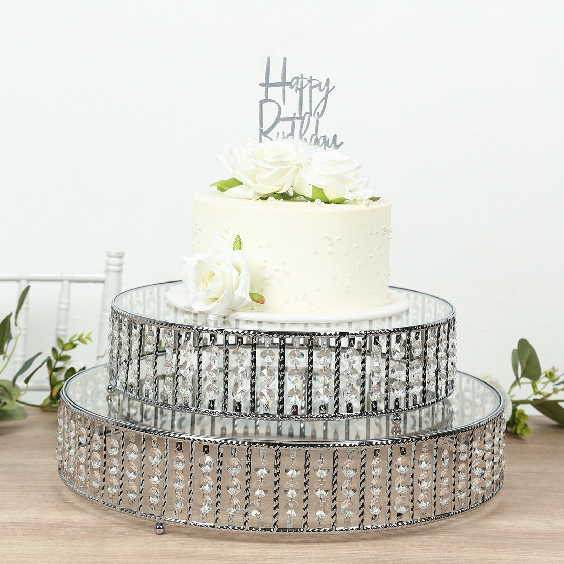 Cake Stand with Glass Top 18" Round Silver | eFavormart
