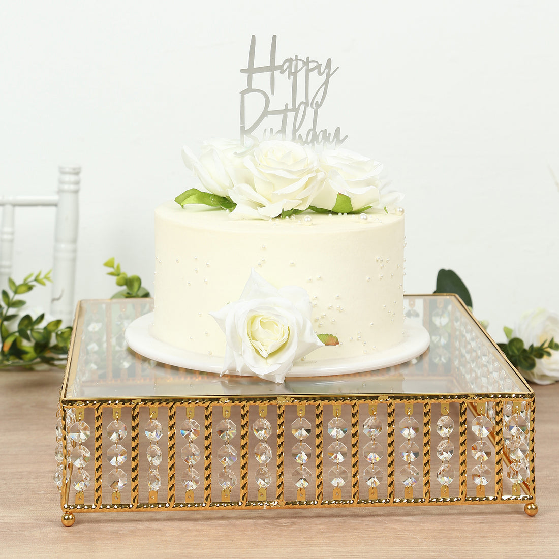 Square Crystal Cake Stand w/ Beads 14" Gold | eFavormart