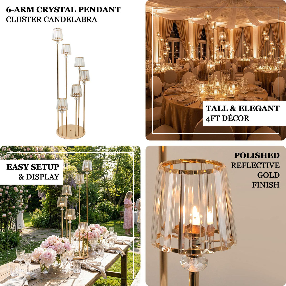 6-Arm Crystal Pendant Candelabra 4ft Gold | eFavormart