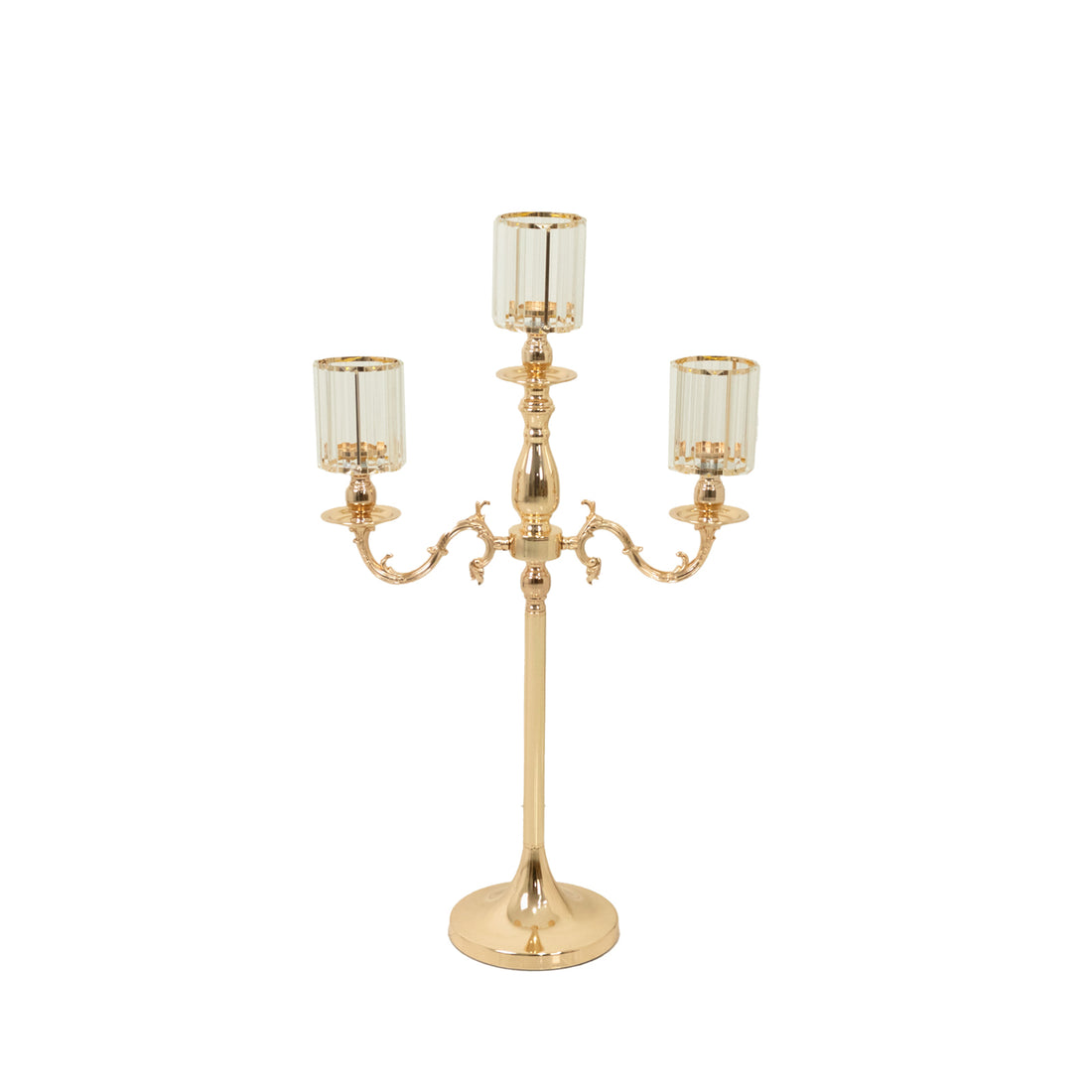 3-Arm Gold Metal Candelabra 34" Crystal Shades | eFavormart