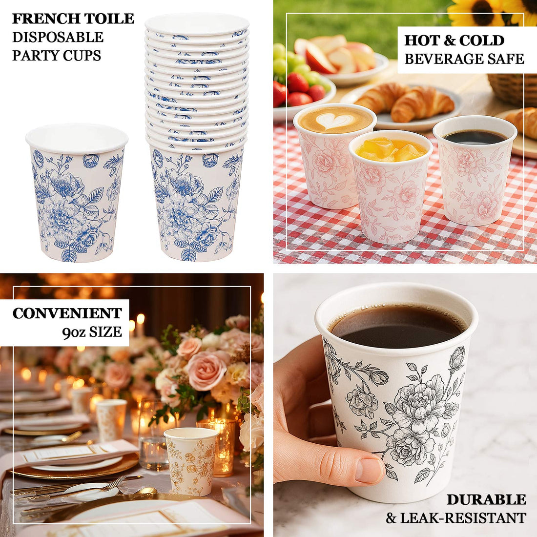 Paper Cups 9oz 50-Pack French Toile Print Blue | eFavormart