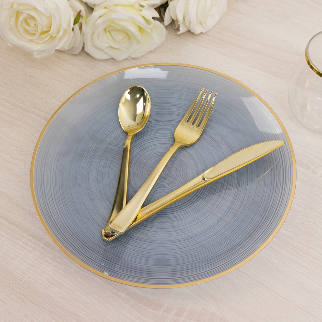 Plastic Plates 10" Round Dusty Blue w/ Gold Rim | eFavormart