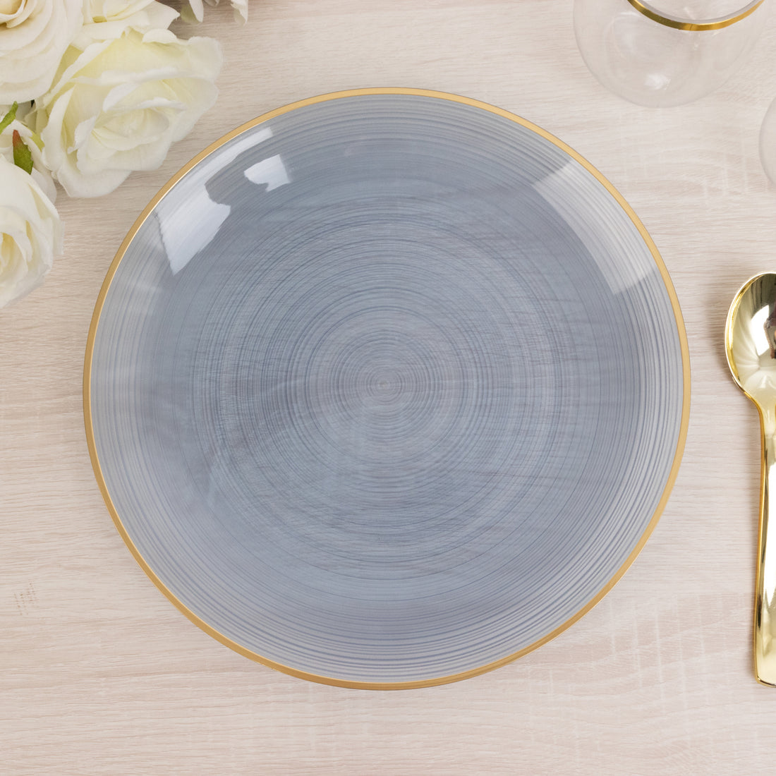 Plastic Plates 10" Round Dusty Blue w/ Gold Rim | eFavormart