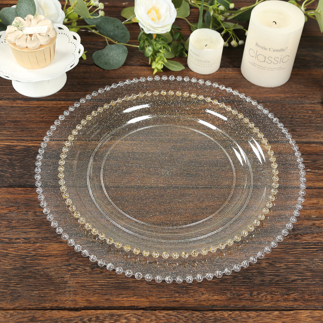 10" Clear Plates with Glitter & Gold Rim, 10-Pack | eFavormart