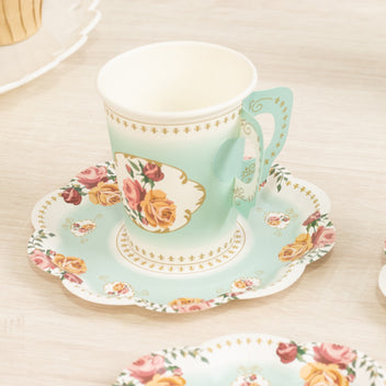 Paper Cups Saucers Rose Floral Set 25 Pack Turquoise | eFavormart