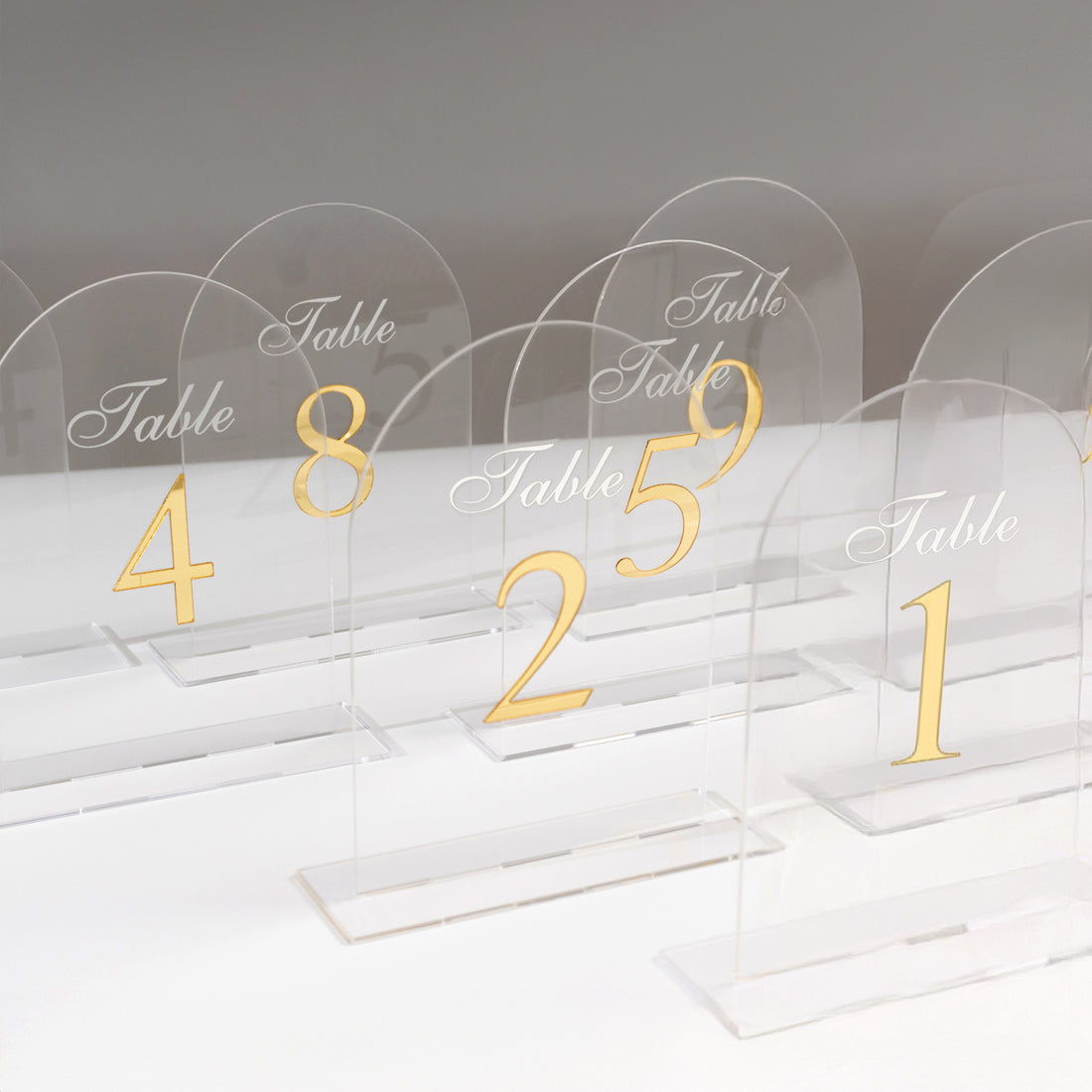 Clear Arch Acrylic Table Numbers – Gold Print | eFavormart