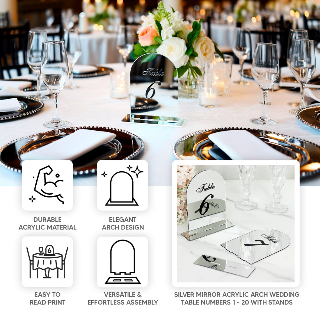 Silver Mirror Arch Table Numbers for Weddings | eFavormart