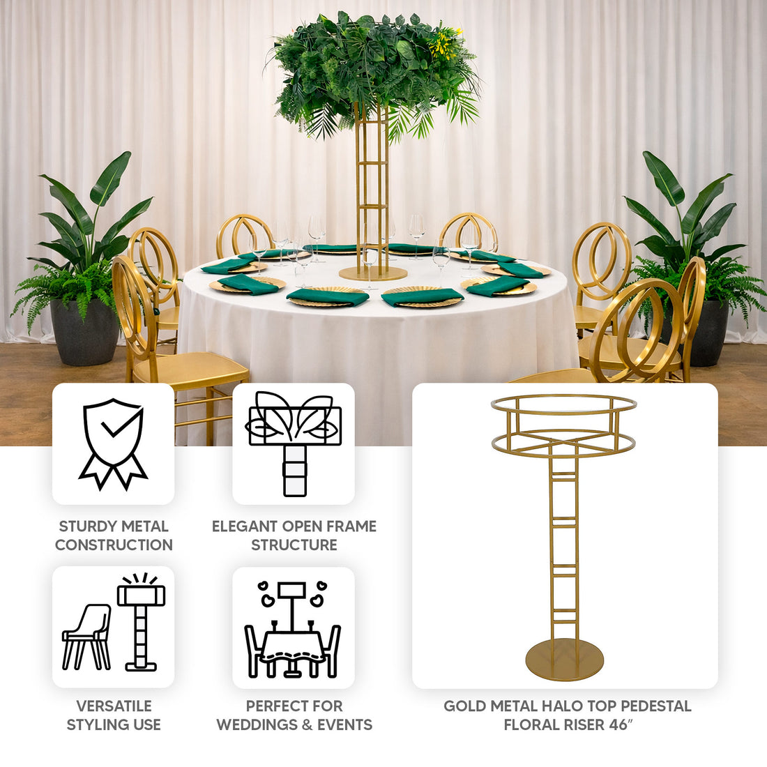 Metal Halo Top Floral Riser Pedestal Gold 46" | eFavormart
