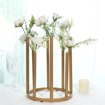8-Tubes Round Base Metal Vase Gold 10" | eFavormart