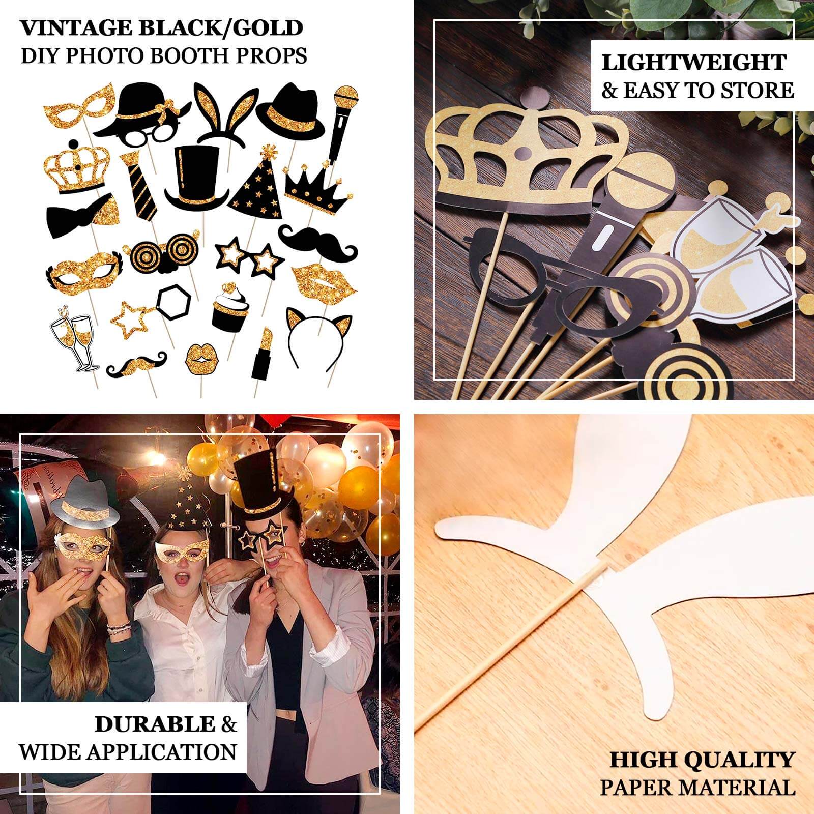 24-Pack Black Gold Glitter Photo Booth Props | eFavormart.com