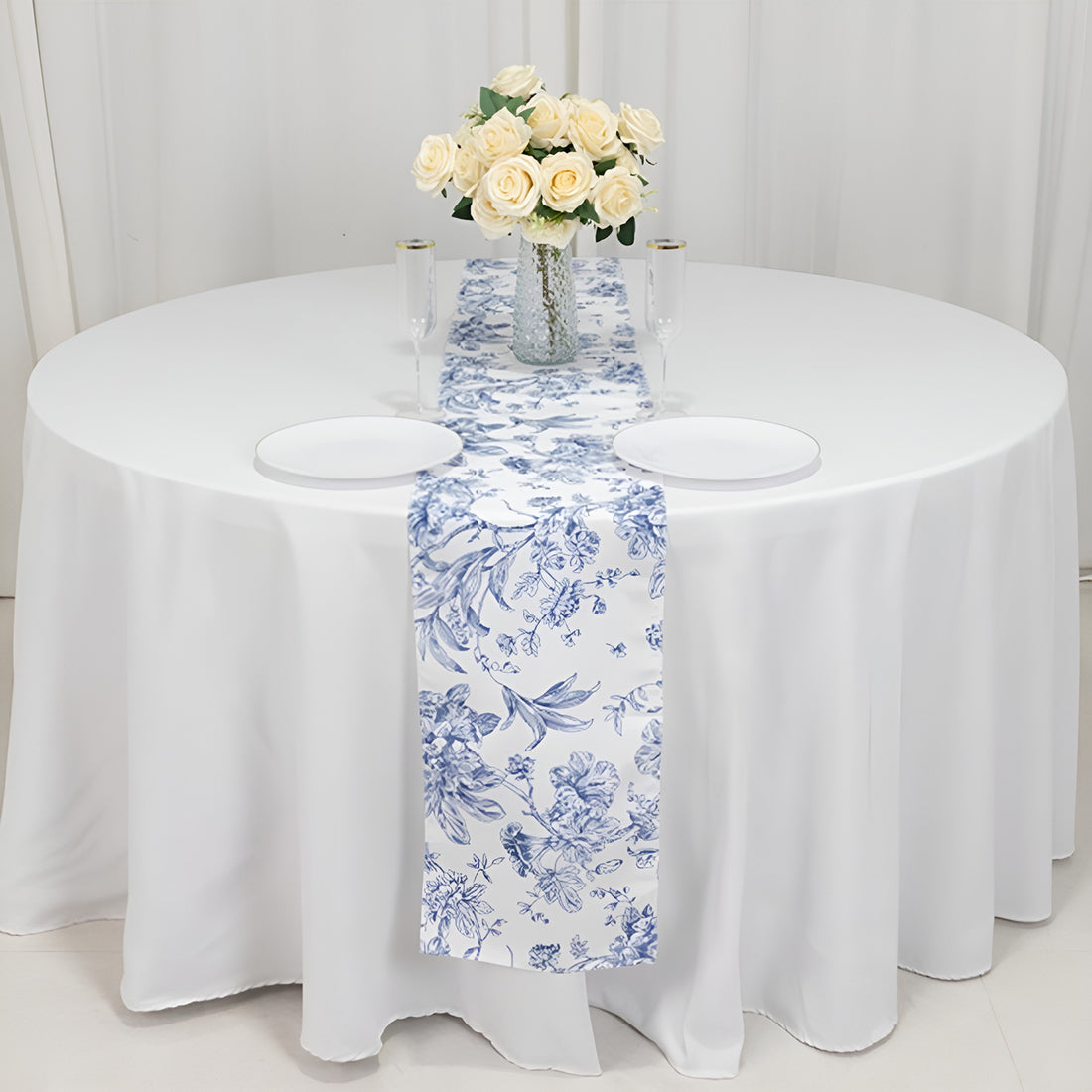 Polyester Floral Table Runner 12"x108" White/Blue | eFavormart