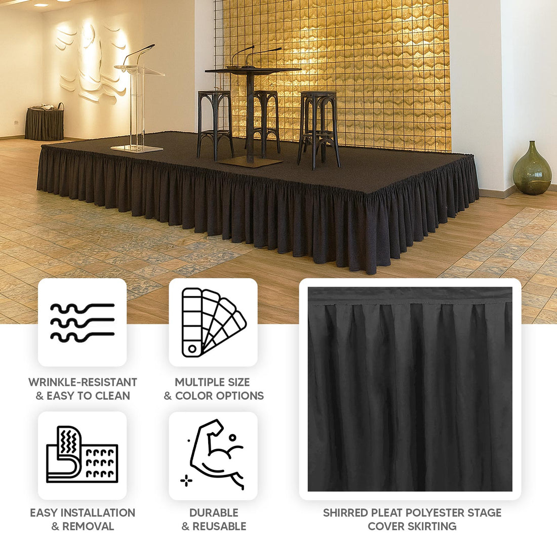 Black Shirred Polyester Stage Skirting 48"x20ft | eFavormart