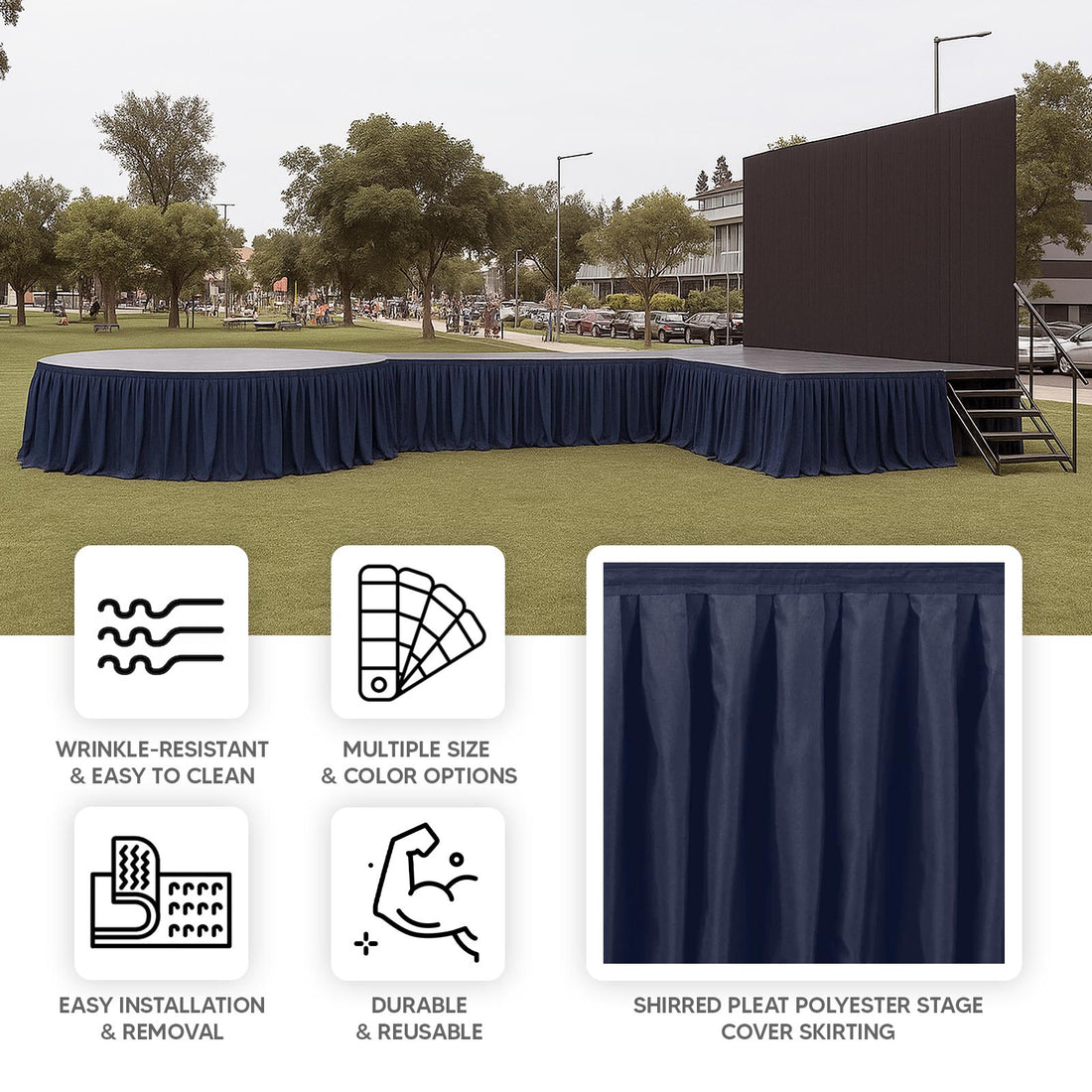 Stage Skirting Polyester Navy Blue 36"x20ft | eFavormart