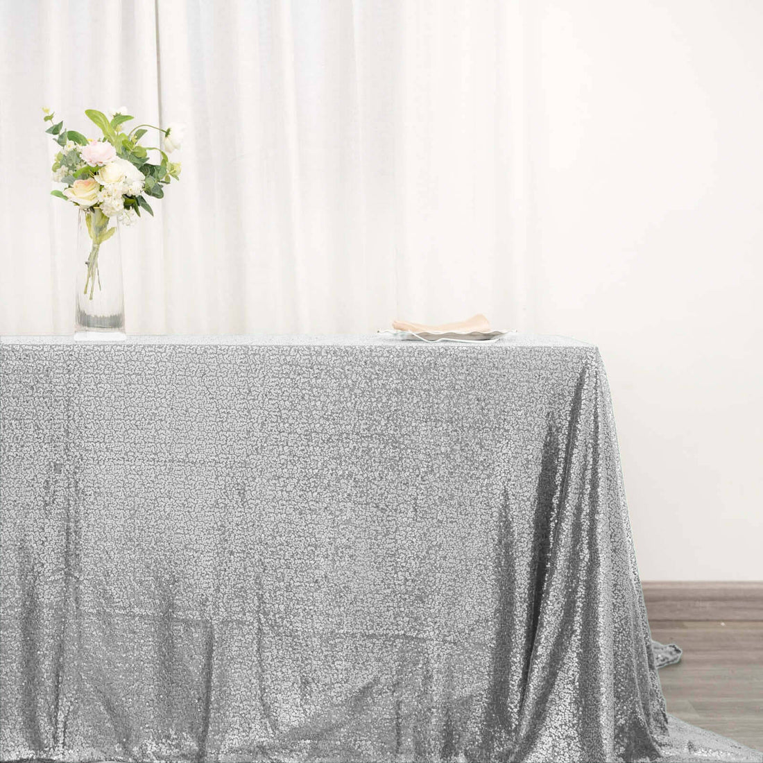 Sequin Tablecloth 90"x132" Silver | eFavormart