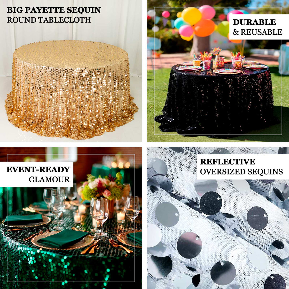 132" Sequin Round Tablecloth Black | eFavormart