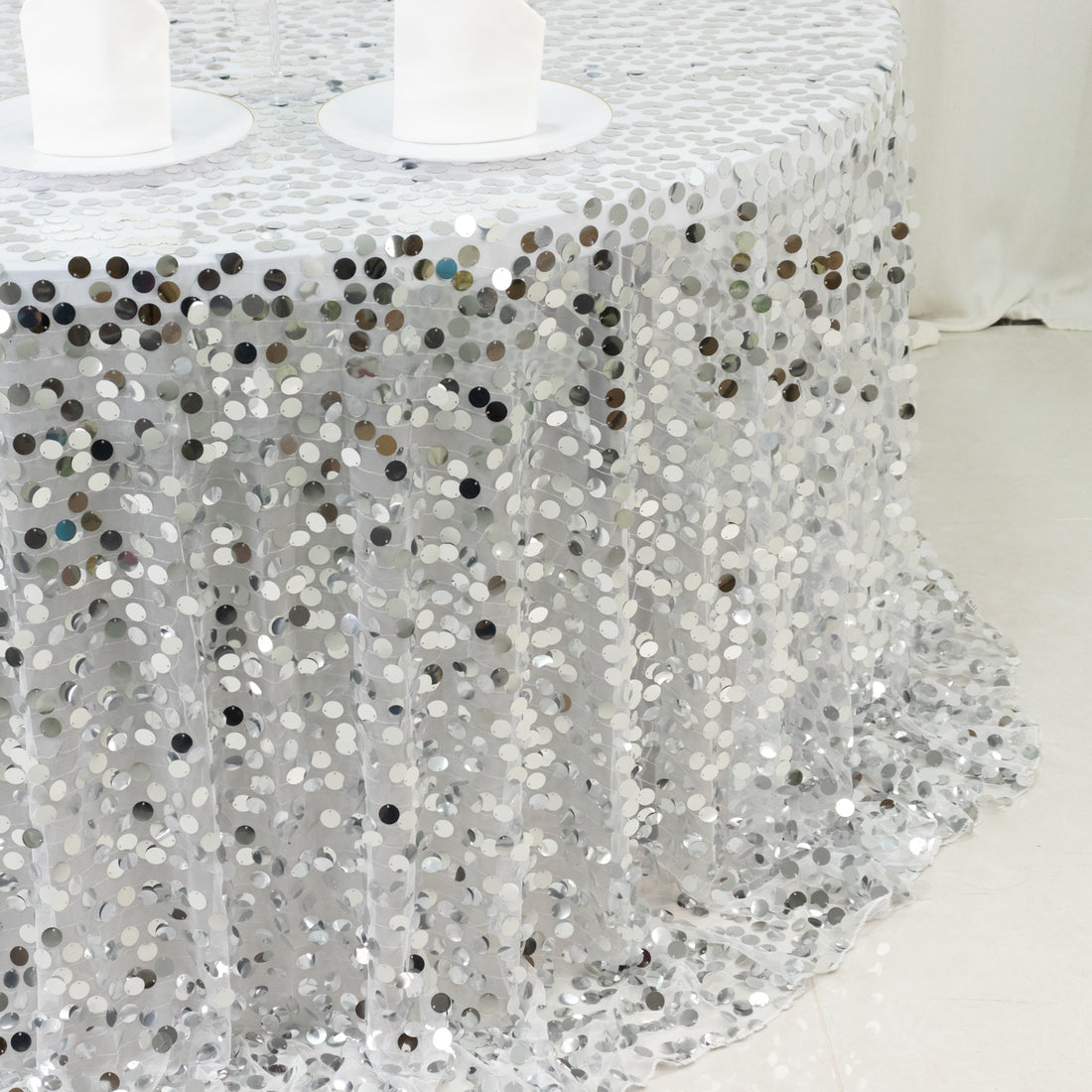 132" Sequin Round Tablecloth Silver | eFavormart