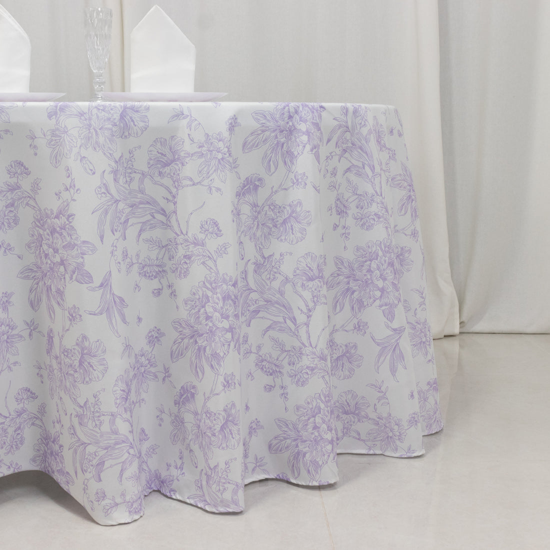 120" Lavender Lilac Toile Polyester Tablecloth | eFavormart