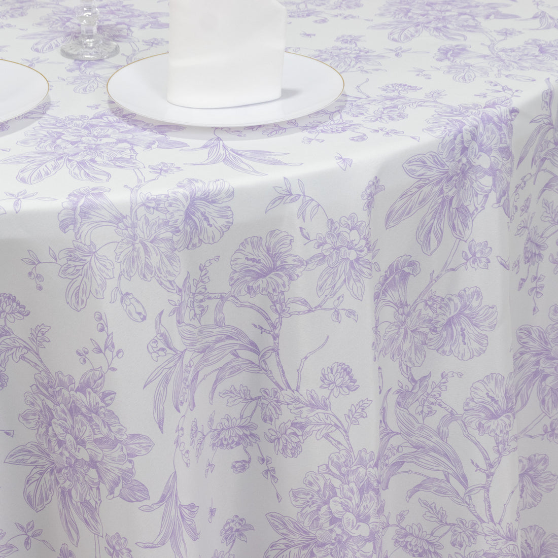 120" Lavender Lilac Toile Polyester Tablecloth | eFavormart
